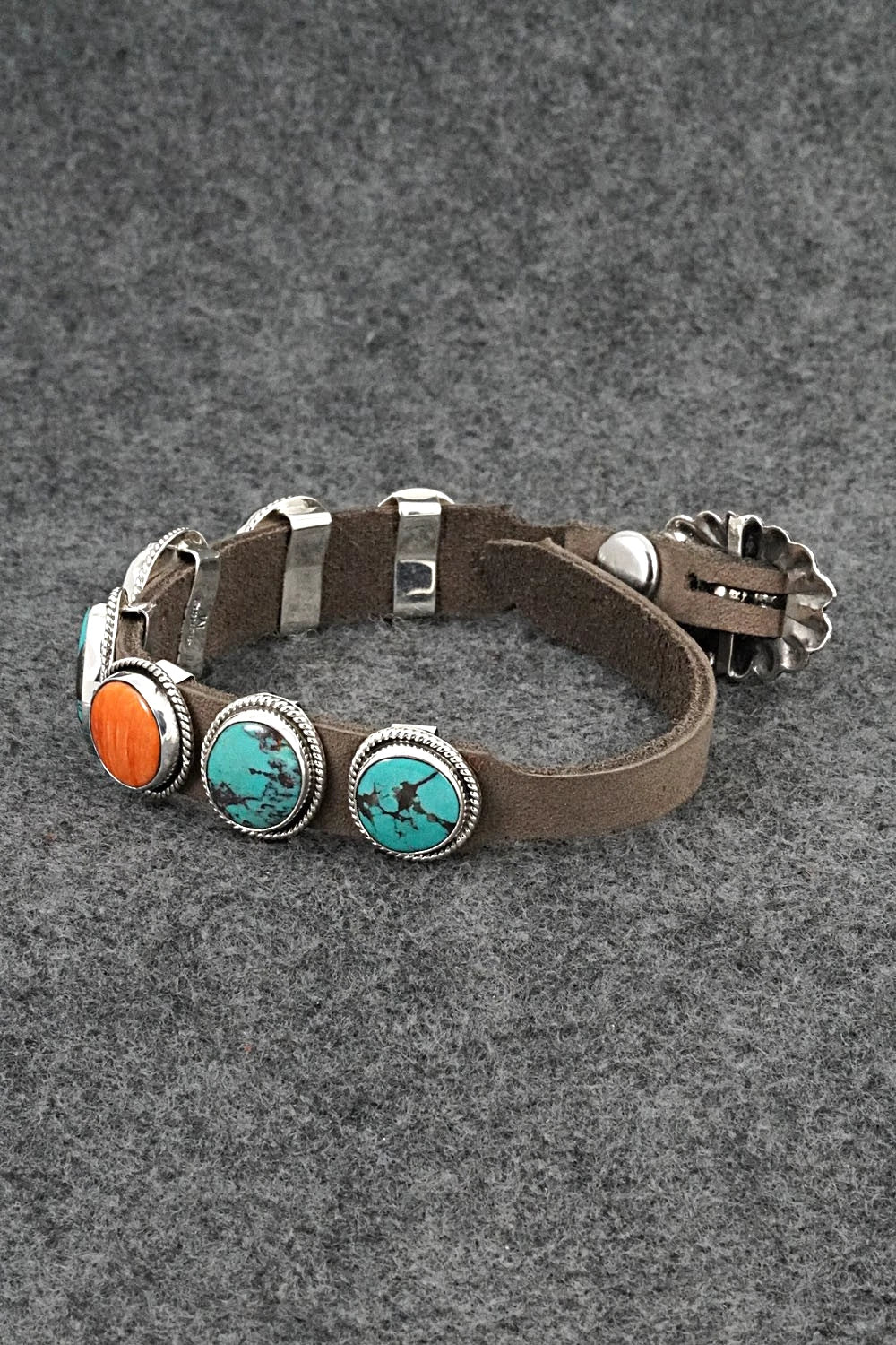 Turquoise, Spiny Oyster, Sterling Silver & Leather Bracelet - Marlene ...