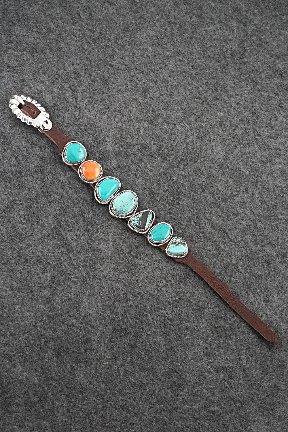 Turquoise, Spiny Oyster, Sterling Silver & Leather Bracelet - Marlene ...