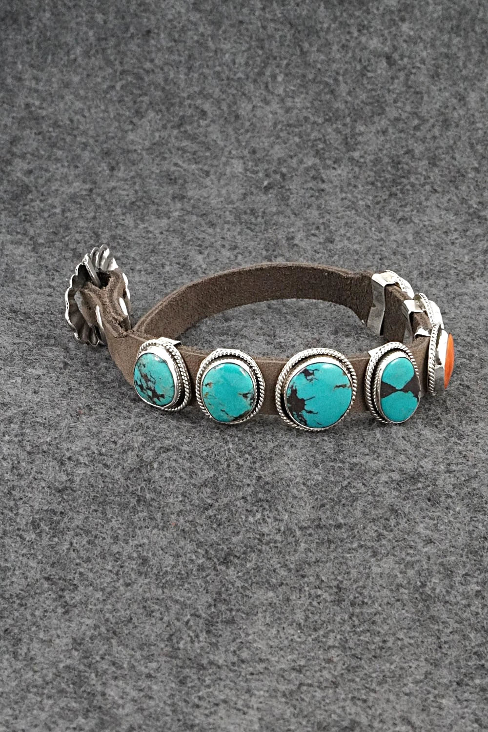 Turquoise, Spiny Oyster, Sterling Silver & Leather Bracelet - Marlene ...