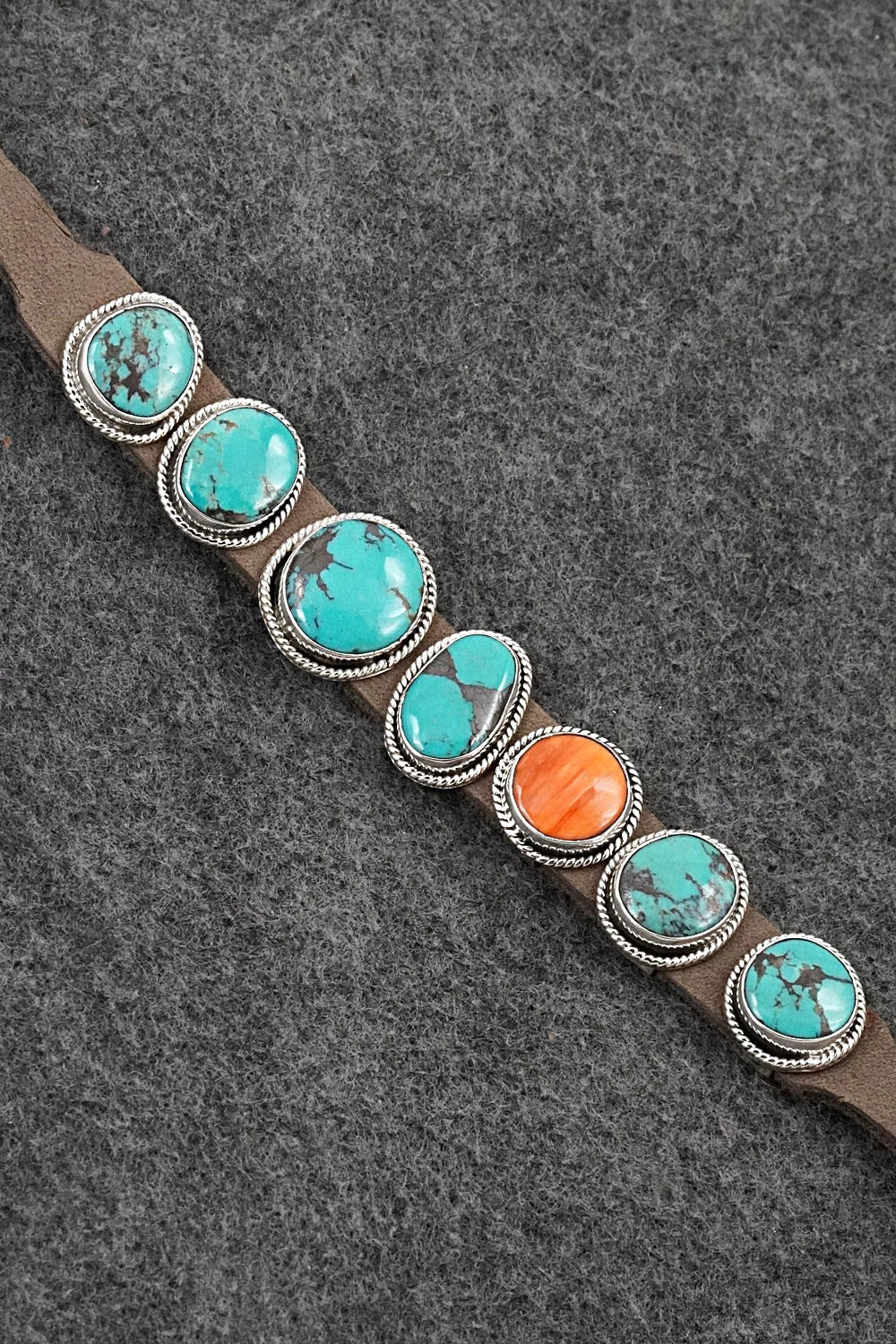 Turquoise, Spiny Oyster, Sterling Silver & Leather Bracelet - Marlene ...