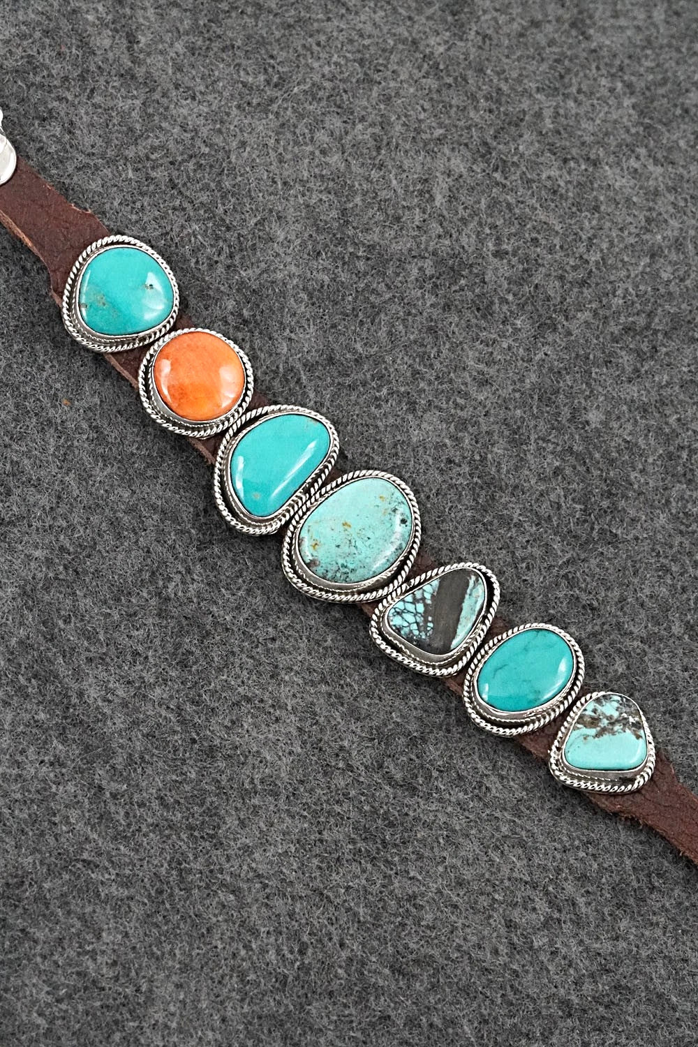 Turquoise, Spiny Oyster, Sterling Silver & Leather Bracelet - Marlene ...