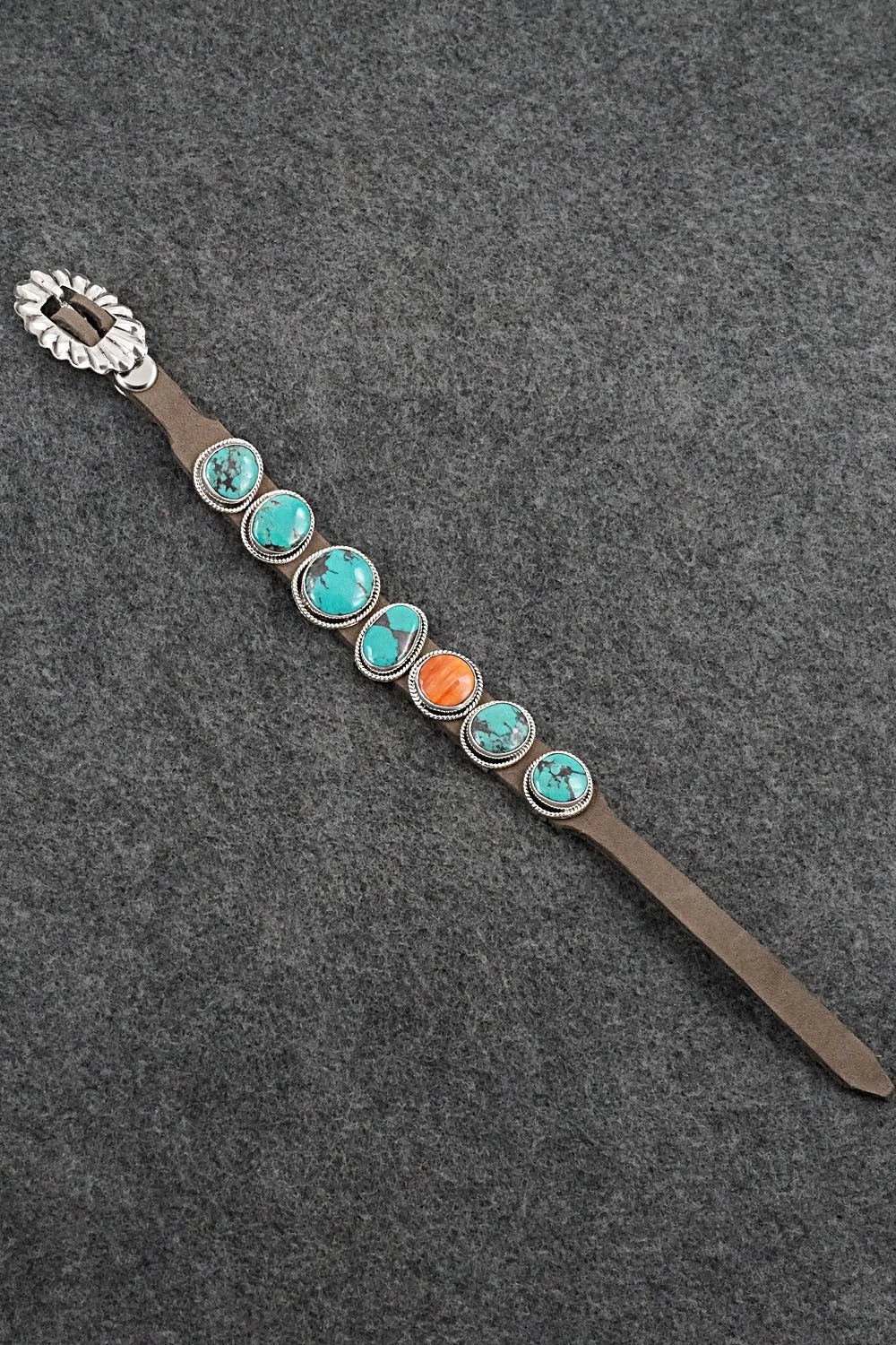 Turquoise, Spiny Oyster, Sterling Silver & Leather Bracelet - Marlene ...