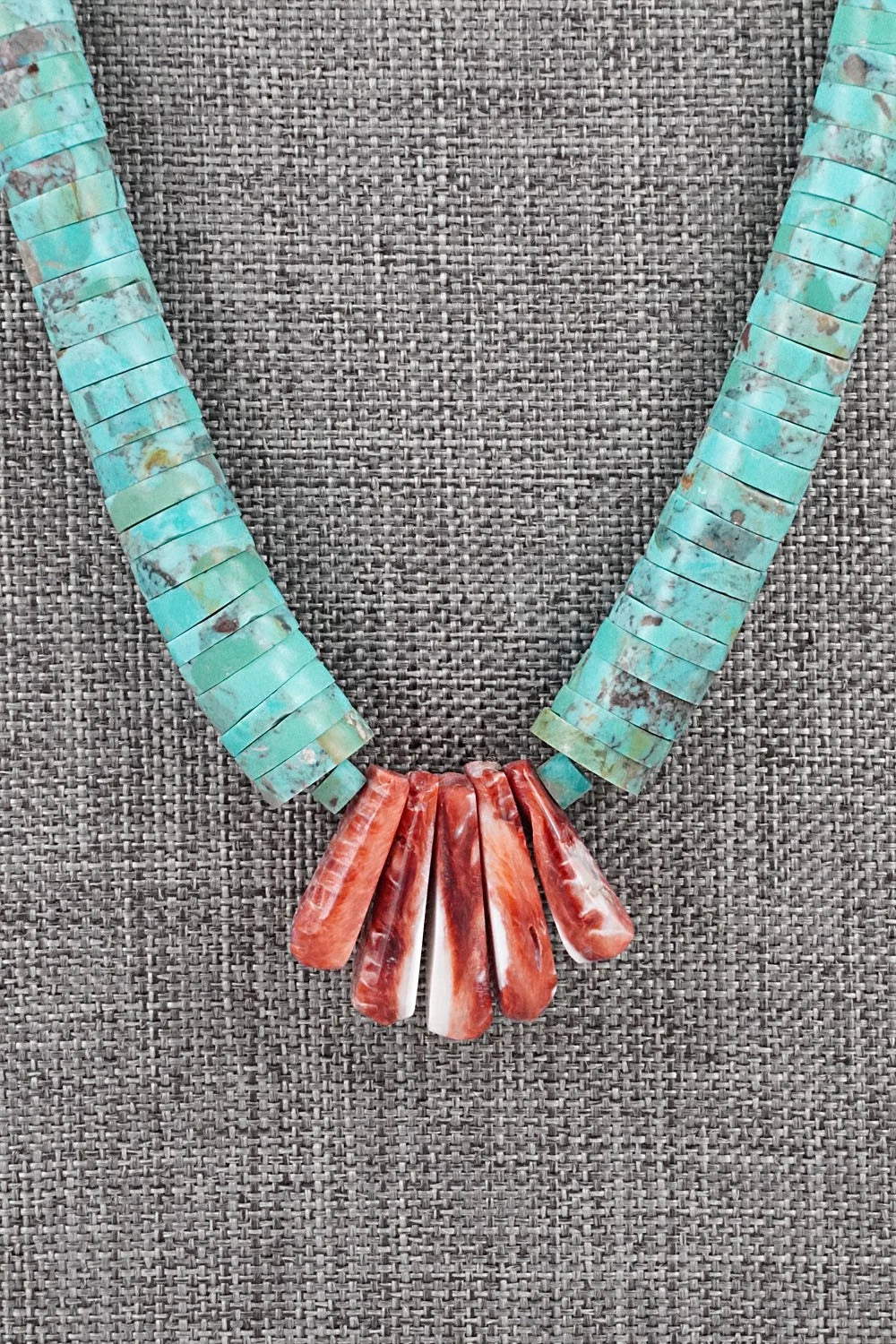 Turquoise, Spiny Oyster and Sterling Silver Necklace - Lupe Lovato ...