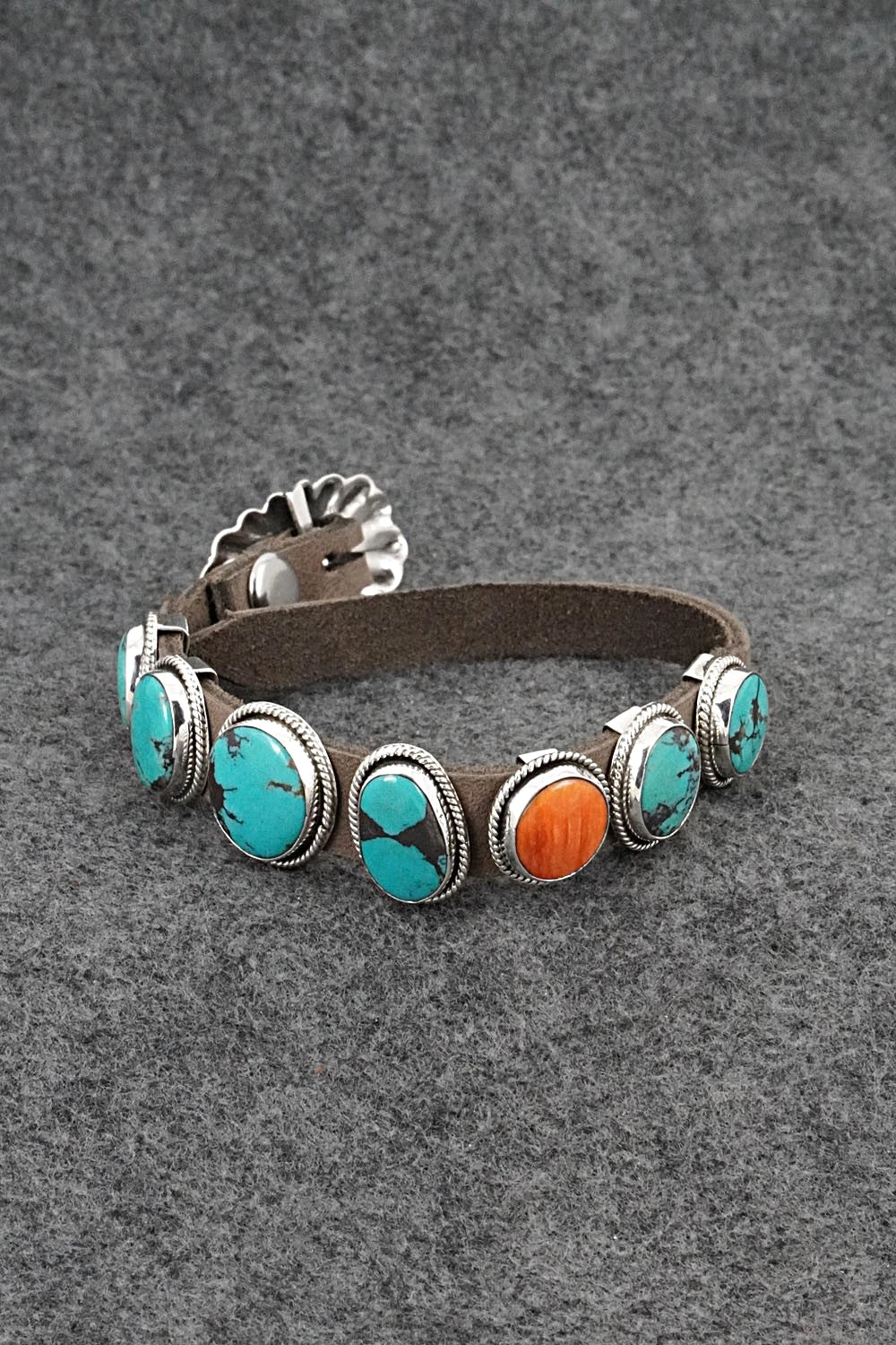 Turquoise, Spiny Oyster, Sterling Silver & Leather Bracelet - Marlene ...